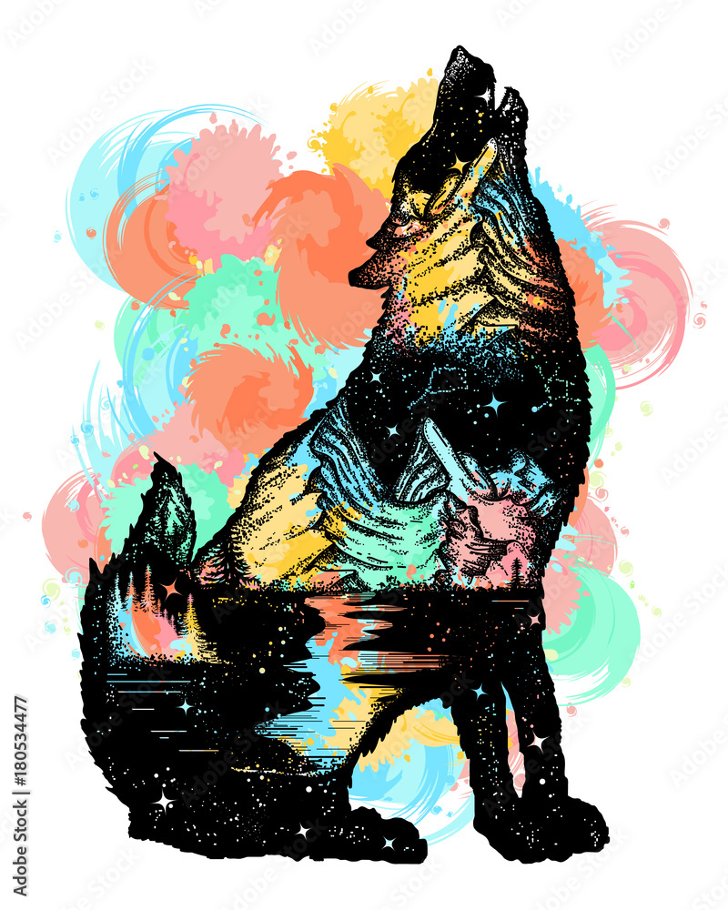 Wolf double exposure color tattoo art. Wolf howls, mountain and night ...