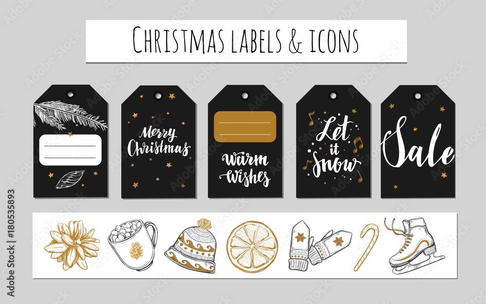 Christmas and New Year labels, gift tags and icons. Holidays decoration ...