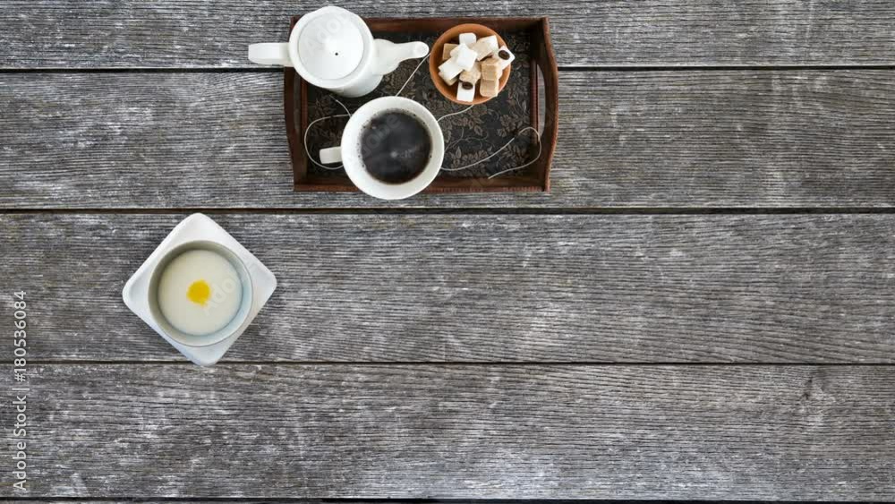 Different breakfast meals and drinks - coffee, tea, milk, porridge ...