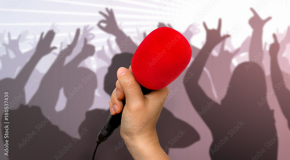 Red microphone and silhouettes of dancing people Stock Photo | Adobe Stock