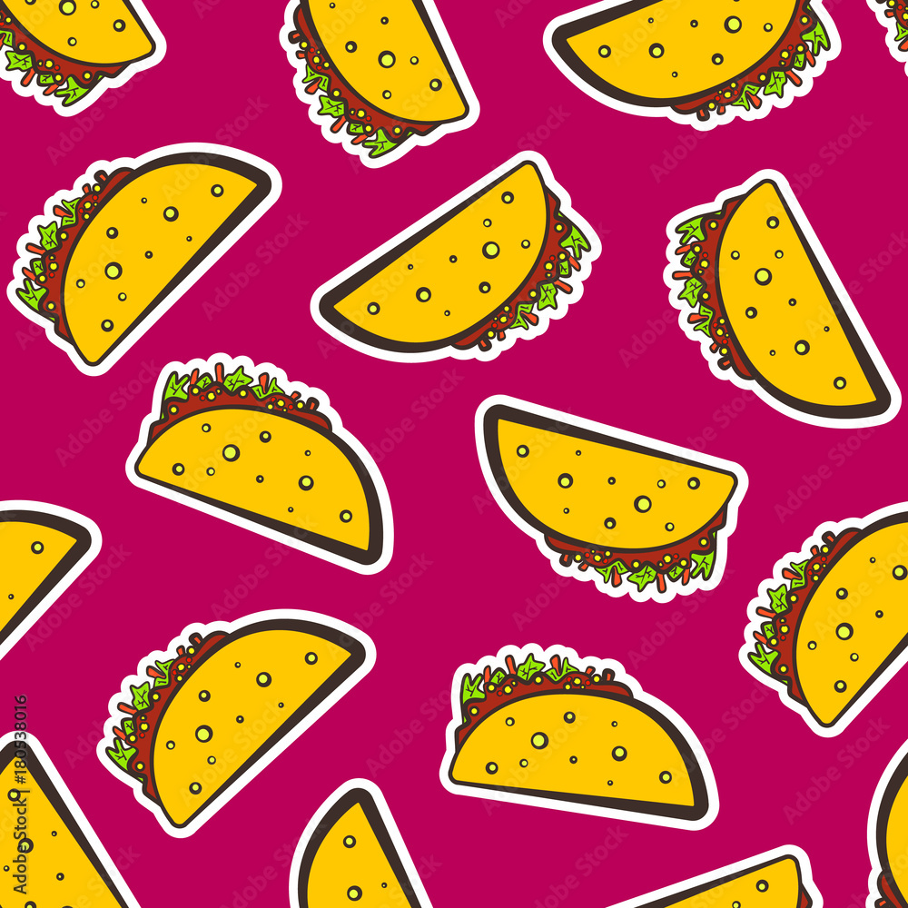 Colorful seamless pattern with cute cartoon mexican taco stickers on ...