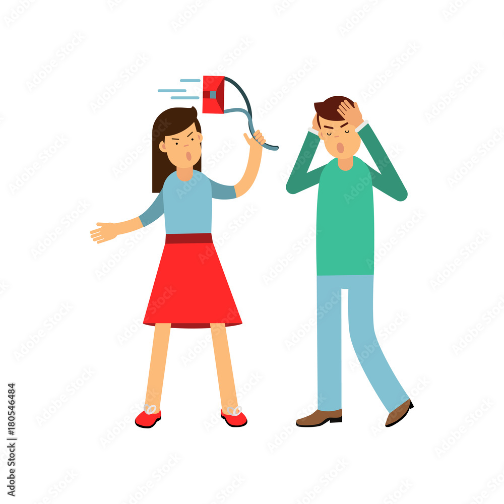 Vecteur Stock Cartoon furious girl shouting and swinging her bag, boy ...