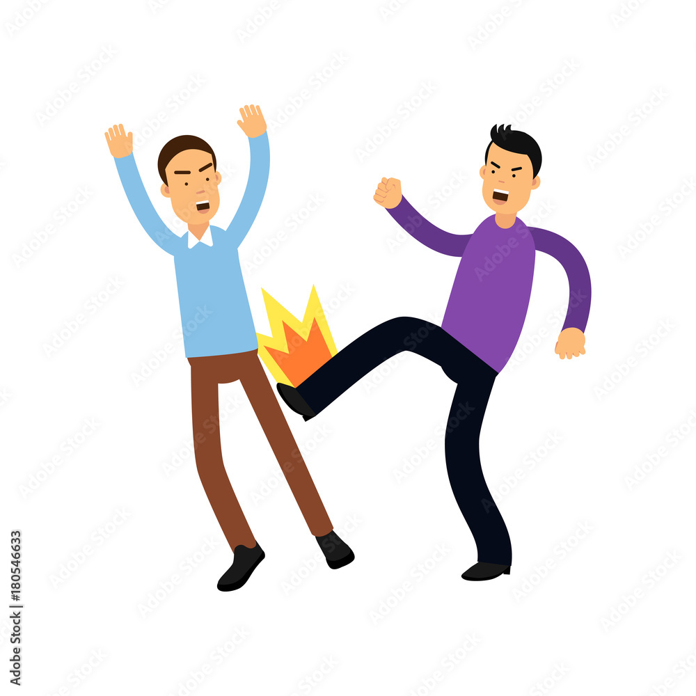 Cartoon illustration of aggressive bully in high kick pose beats weak ...