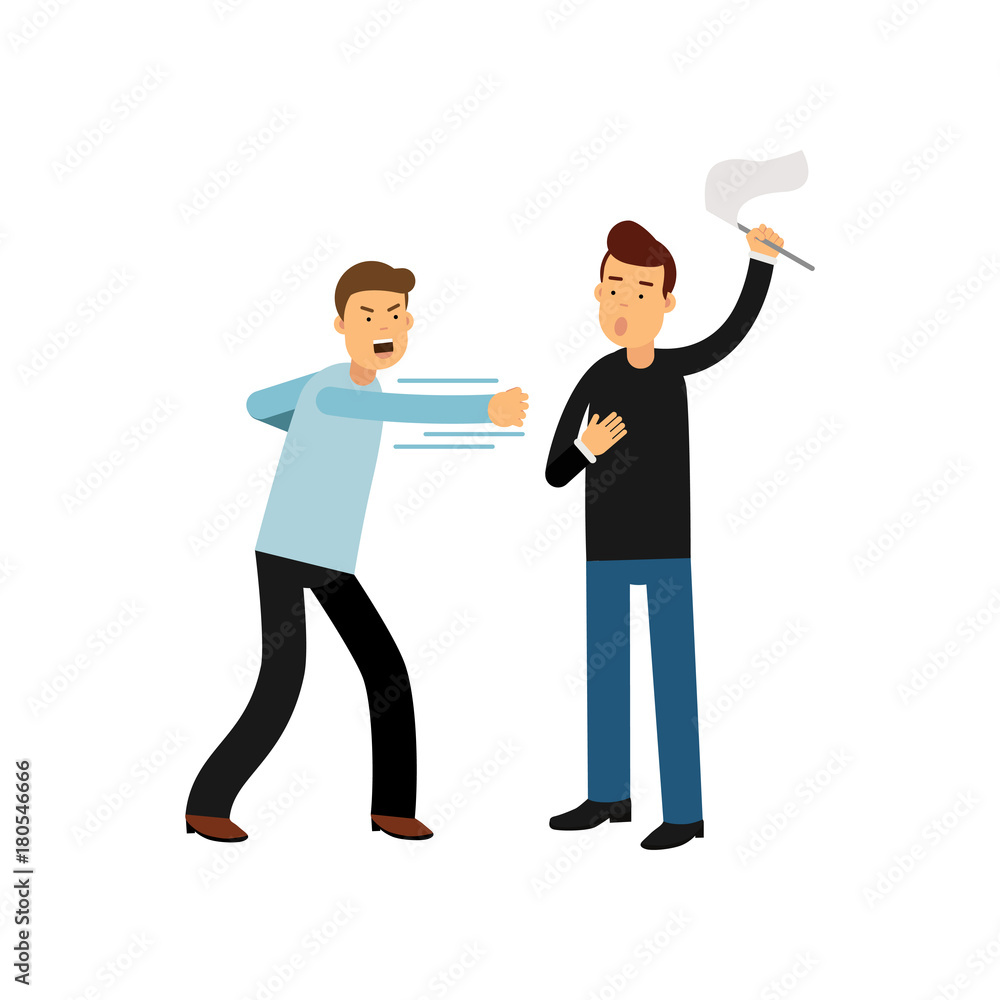 Cartoon man character in anger fight action and frightened guy with ...