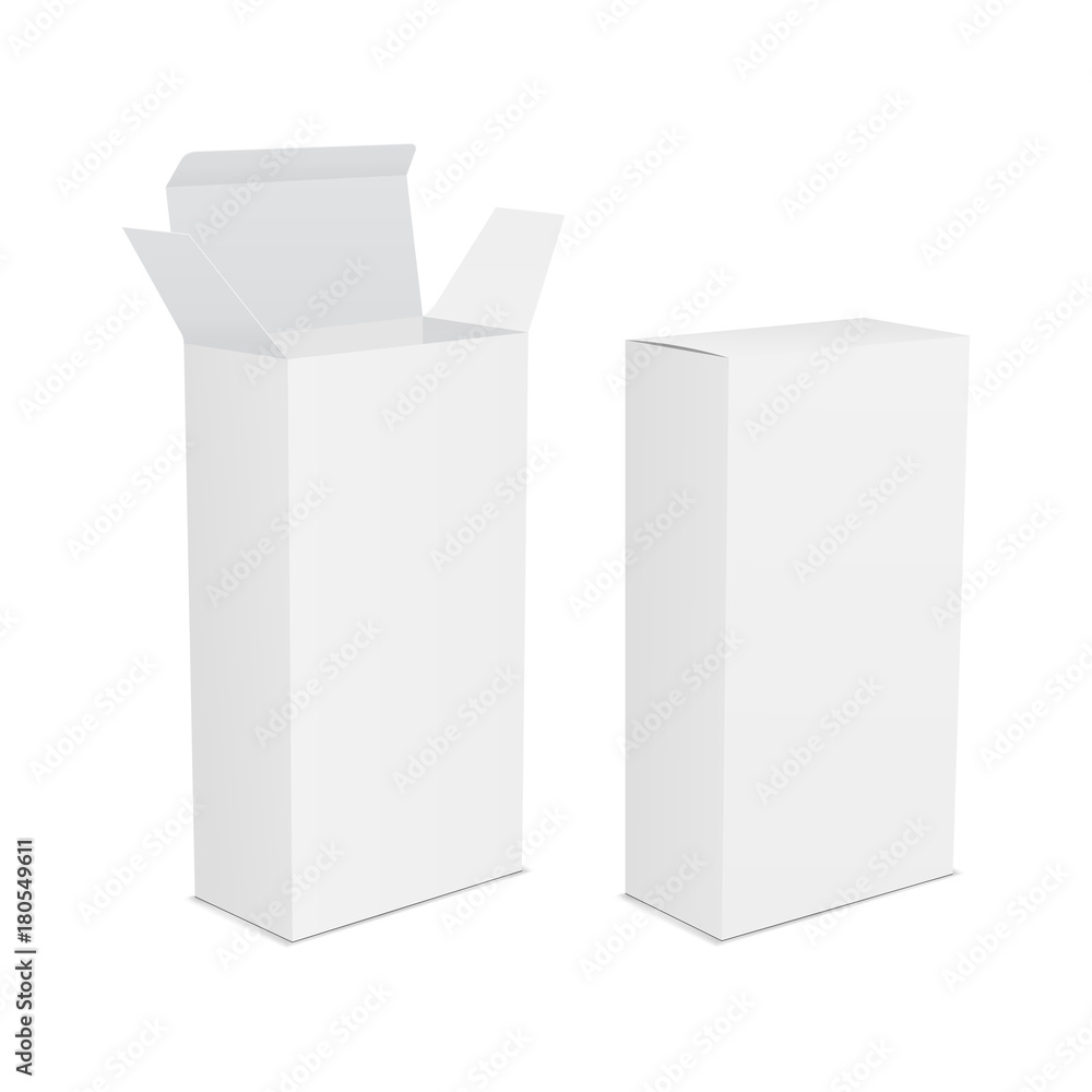 Blank white boxes with opened and closed lid. Two thin rectangular ...