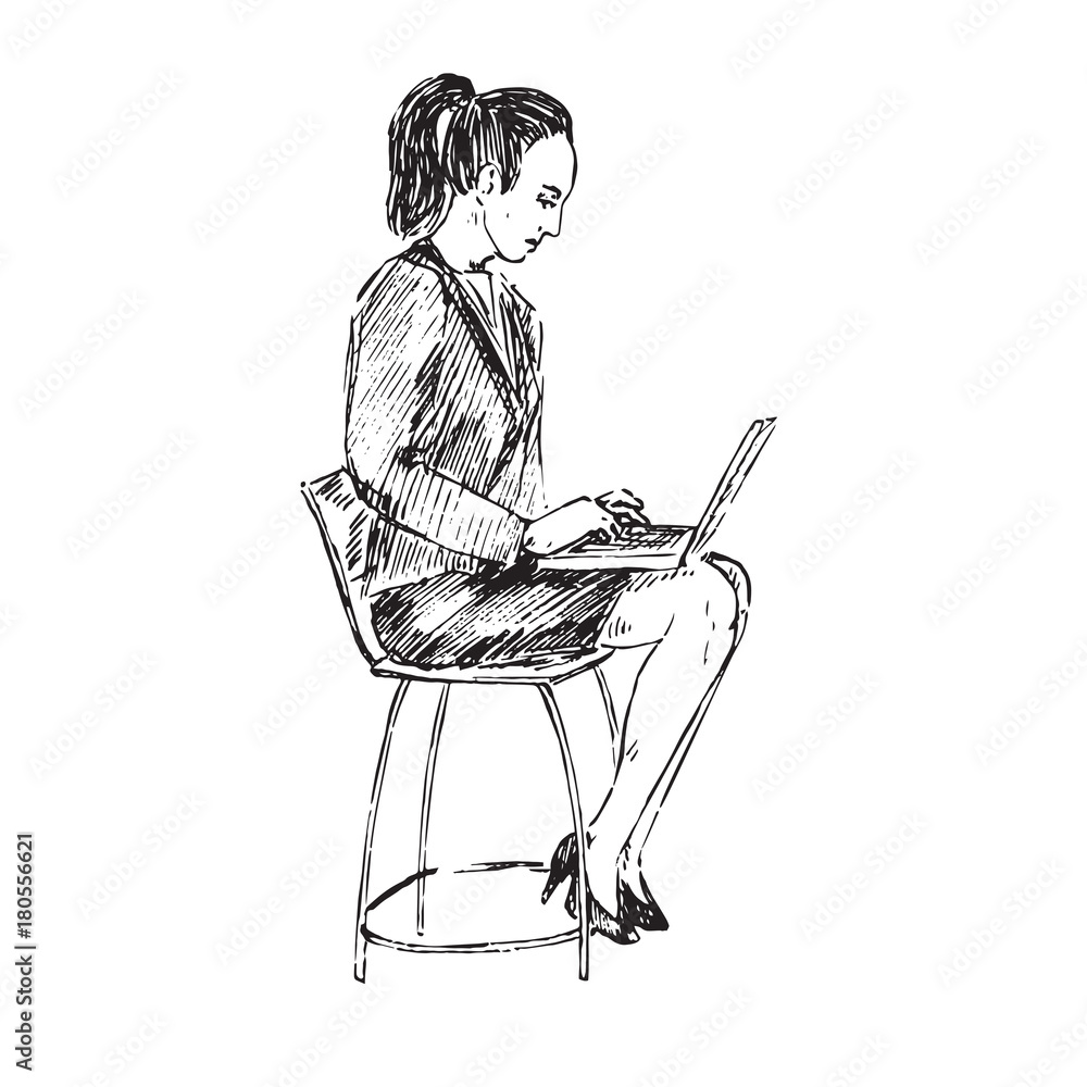 Businesswoman sitting on chair and working with laptop, hand drawn ...
