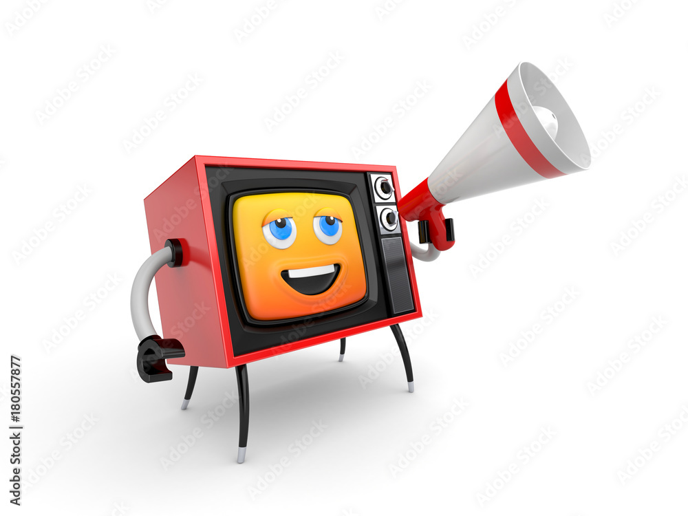 Cute TV with smiley face and megaphone. 3d illustration Stock ...