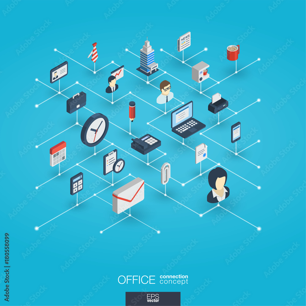 Office work integrated 3d web icons. Digital network isometric interact ...