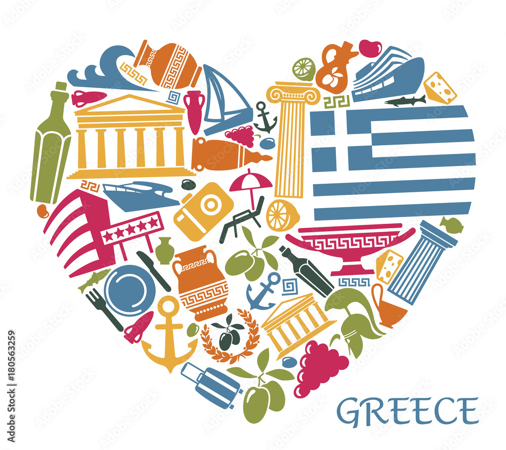 Symbols of Greece in the form of heart Stock Vector | Adobe Stock
