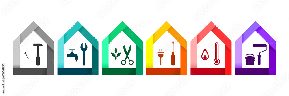 House set with various work tools as building and construction concept ...