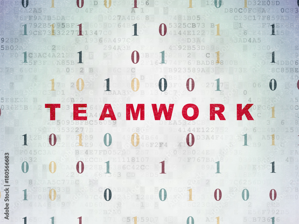 Business concept: Painted red text Teamwork on Digital Data Paper background with Binary Code ...