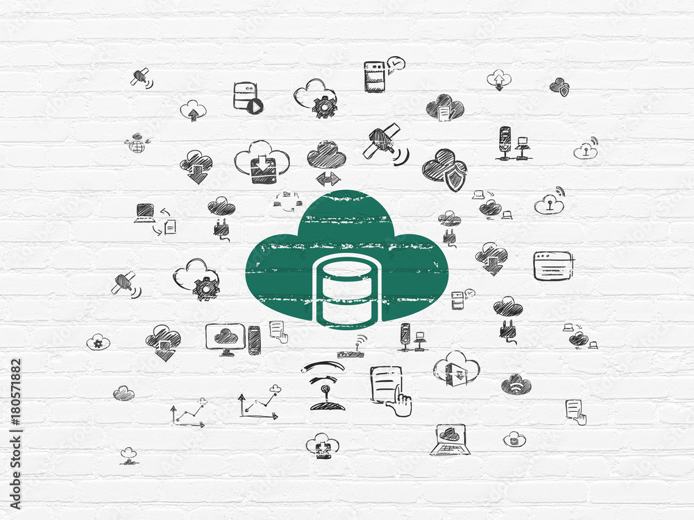 Cloud networking concept: Painted green Database With Cloud icon on ...