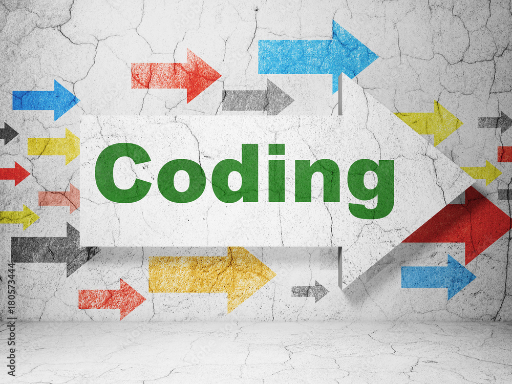 Software concept: arrow with Coding on grunge textured concrete wall ...