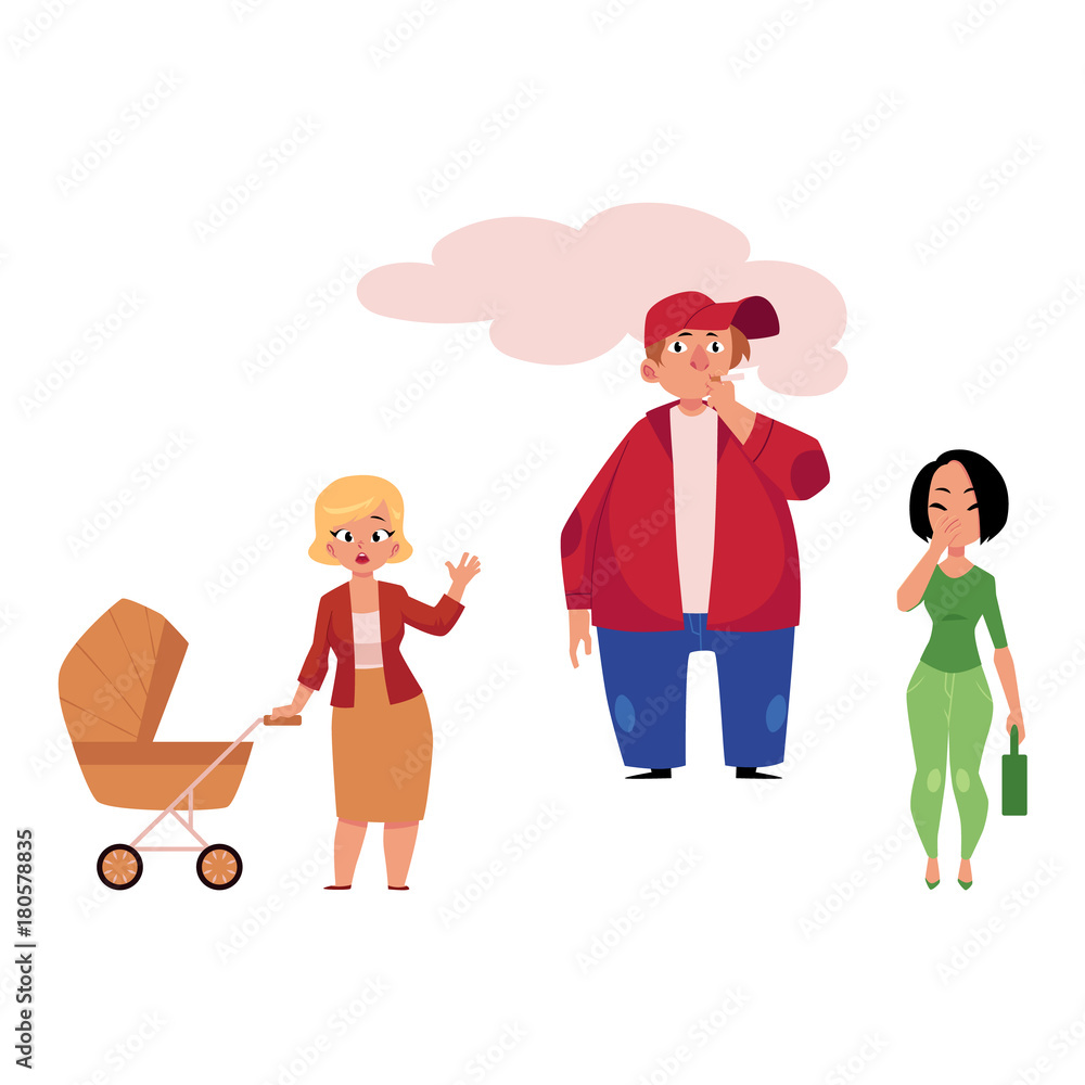 Young man smoking and two women suffering from secondhand smoke ...