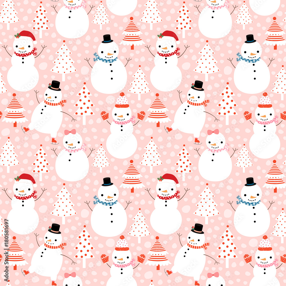 Cute vector winter seamless pattern with cartoon snowmen in flat style ...