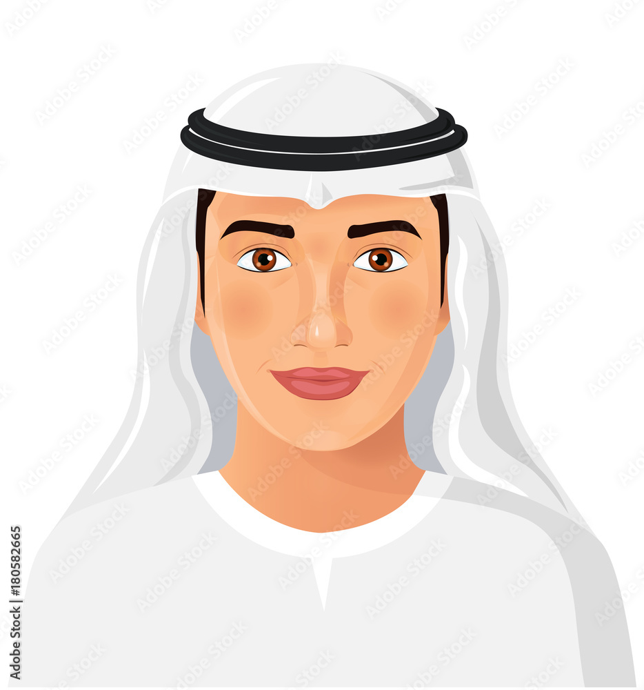 Beautiful young saudi arab man in traditional muslim hat isolated face ...