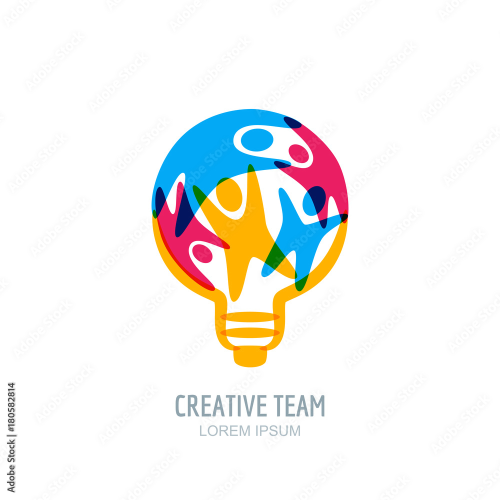 Creative team concept. Colorful abstract people in light bulb shape ...