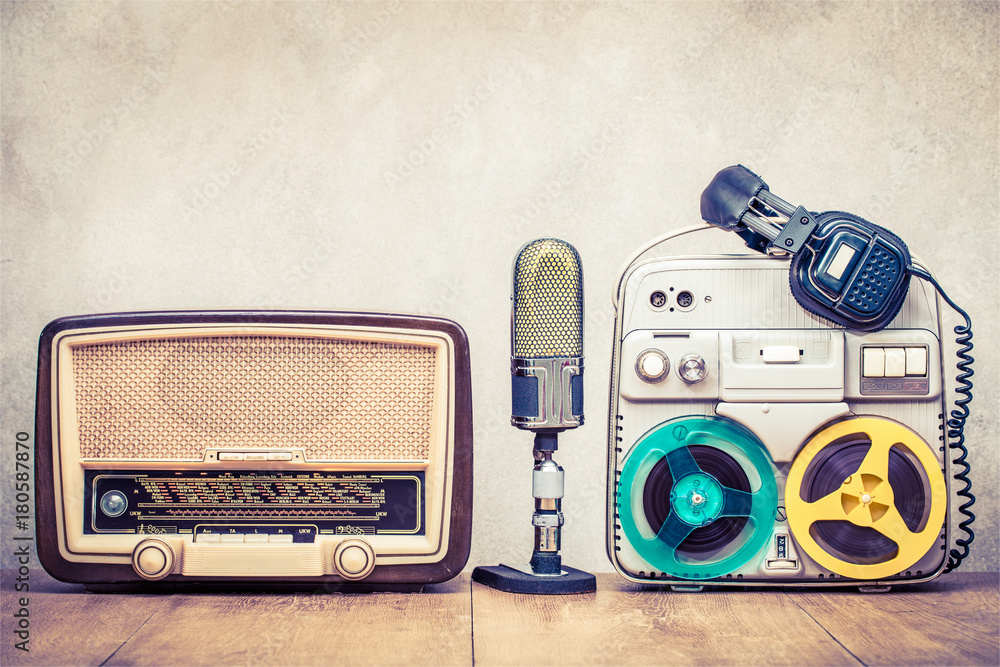 Retro broadcast radio receiver, reel to reel tape recorder circa 60s ...