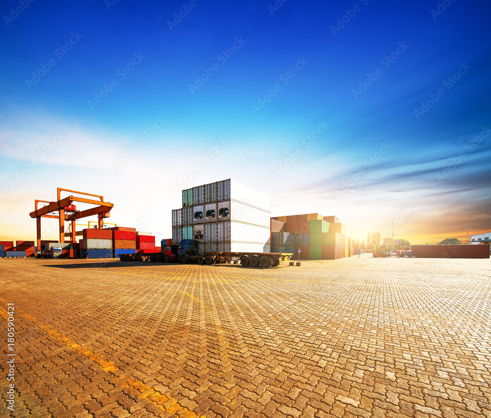 Loading and unloading of containers in the port on a bright sunny day ...