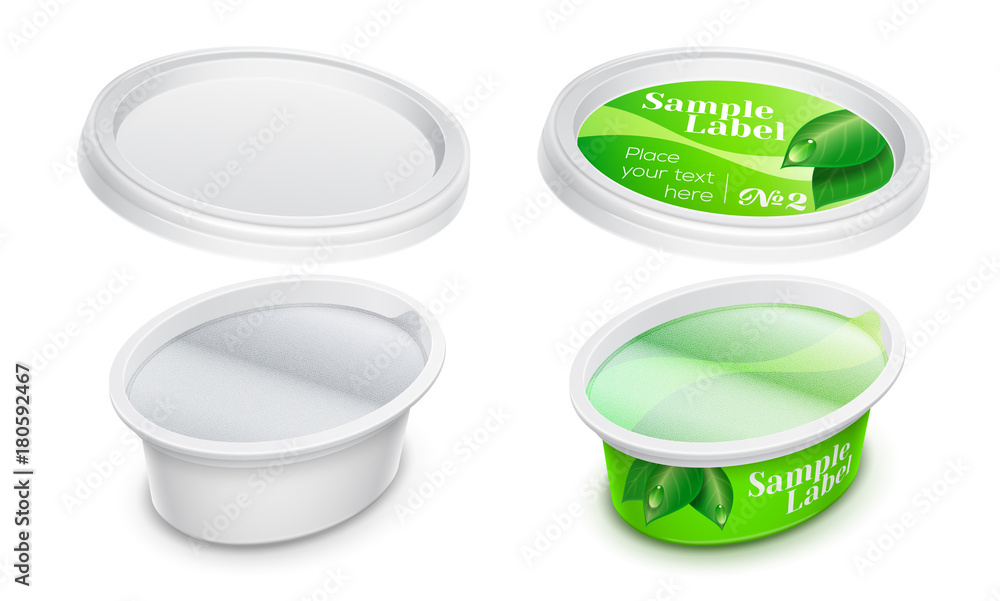 Vector labeled oval plastic container with foil. Packaging mockup ...