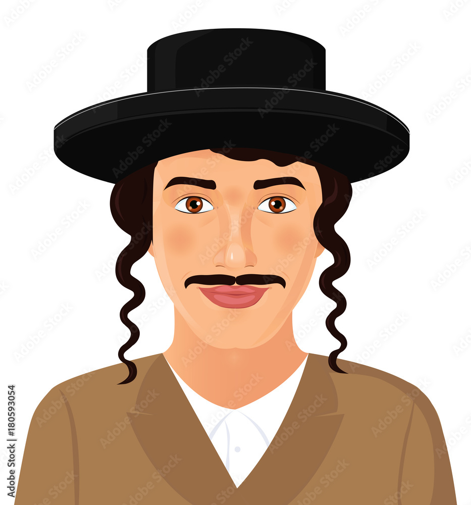 Jewish man face portrait with hat and mustache in a black suit ...