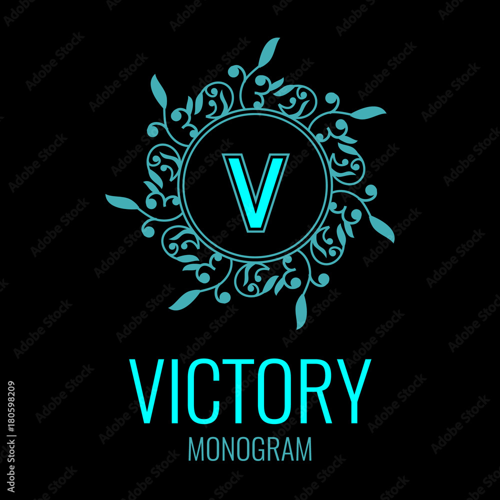 Round emblem with the letter V on black background. Elegant floral ...