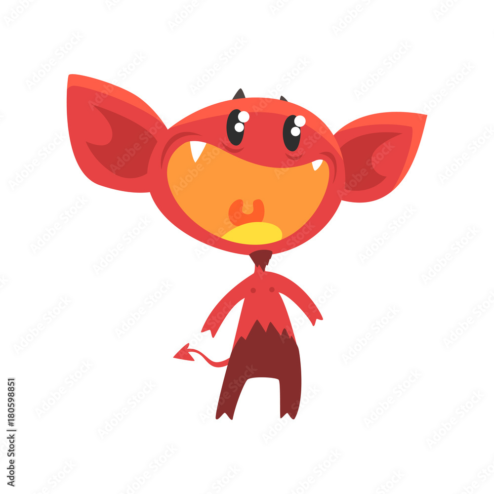Cartoon flat vector illustration of devil with little horns, big ears ...