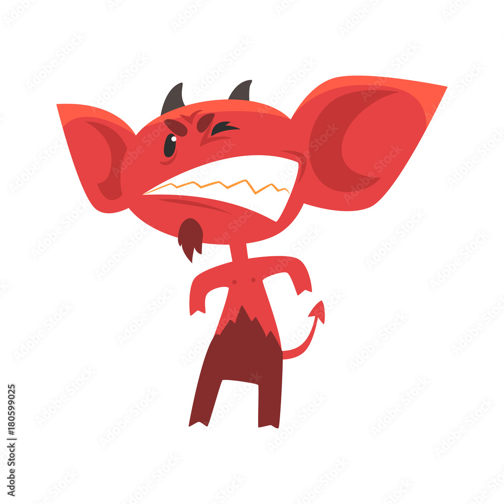 Angry devil standing in threatening pose and showing teeth. Red demon ...