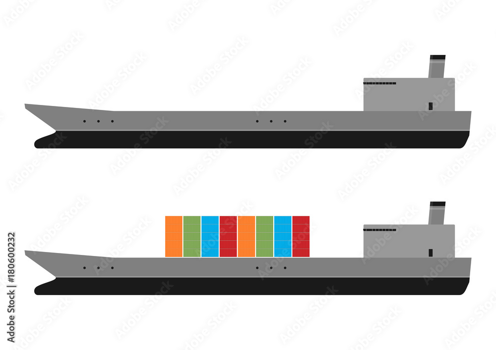 Simplified cargo ship. Element for infographics. Side view. Flat vector ...