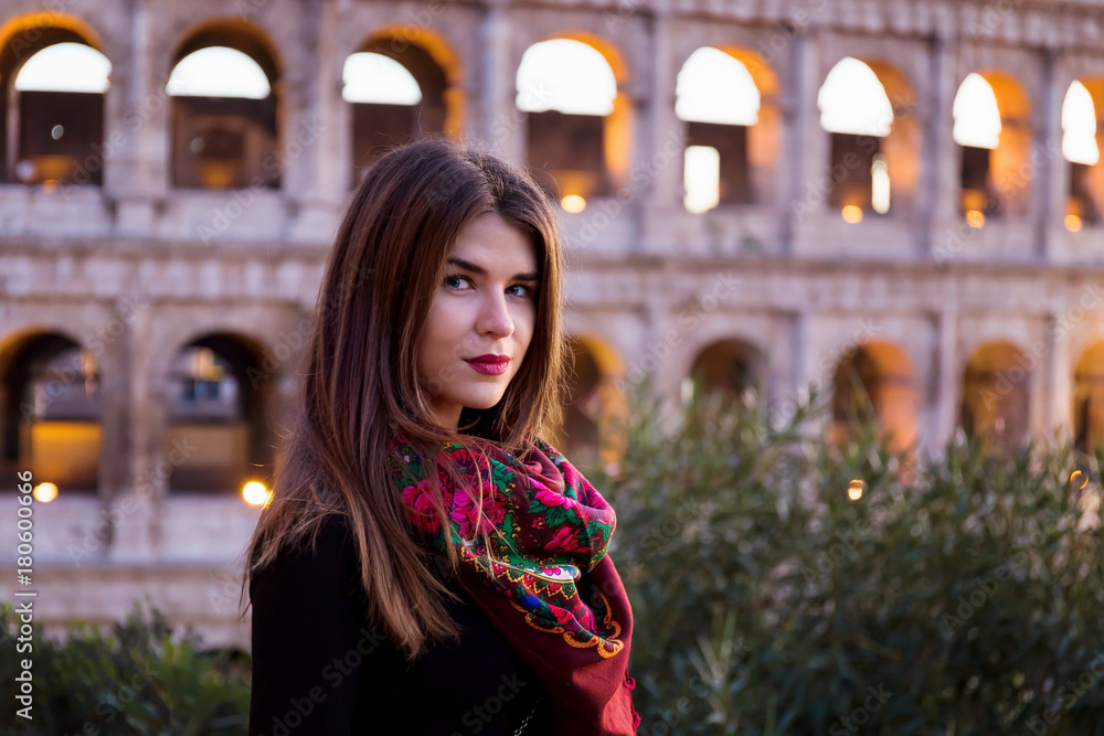 Russian girl with typical Russian traditional scarf, posing in front of ...