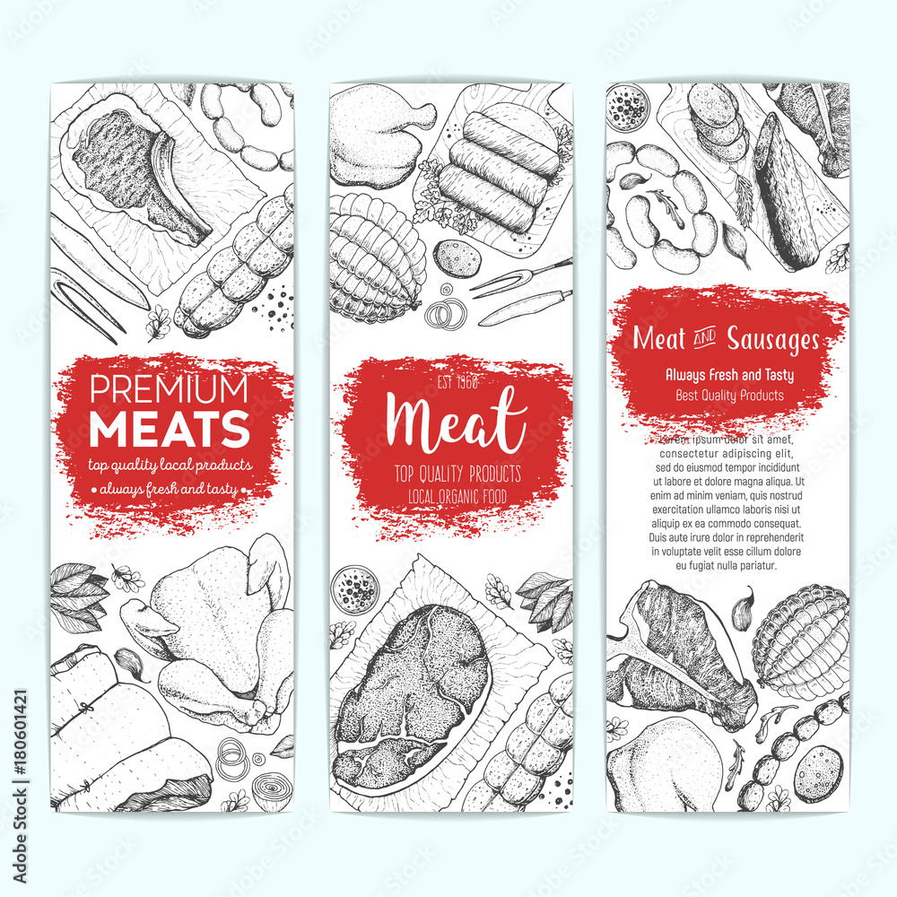Meat top view, banner collection. Vector illustration set. Engraved ...