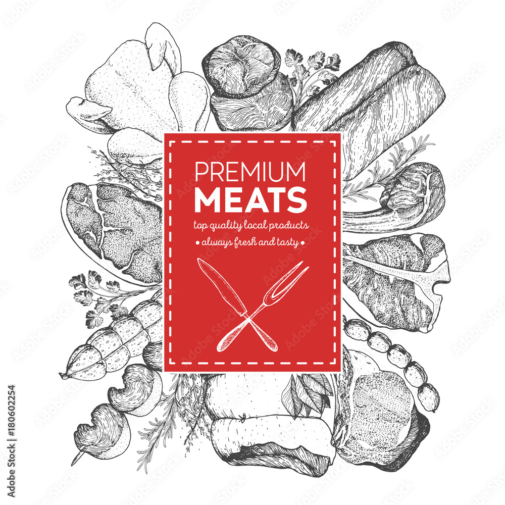 Design template for meat market. Menu label with meat meal. Hand-drawn ...