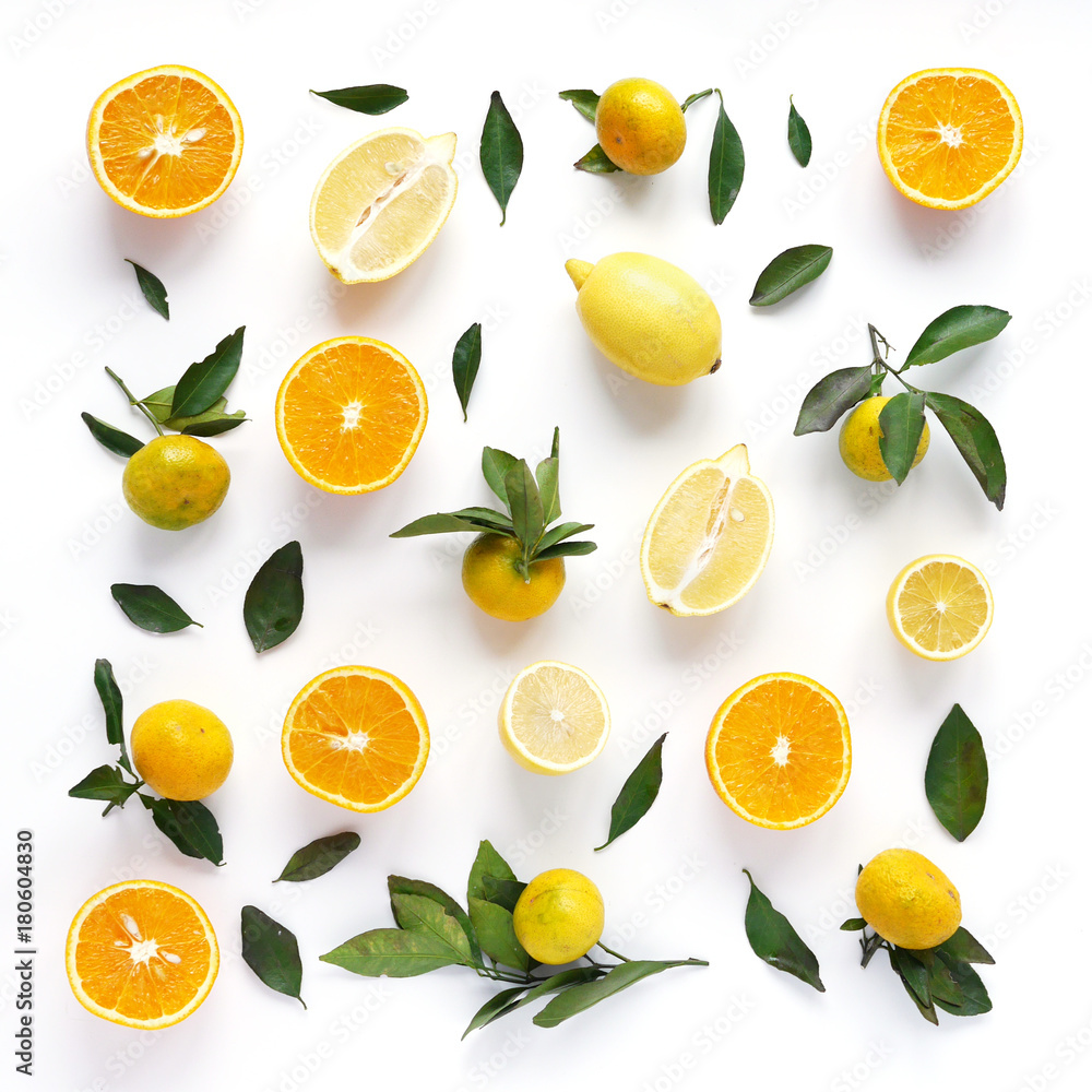 Food pattern of fresh fruit in a cut. Oranges, lemons slices ...