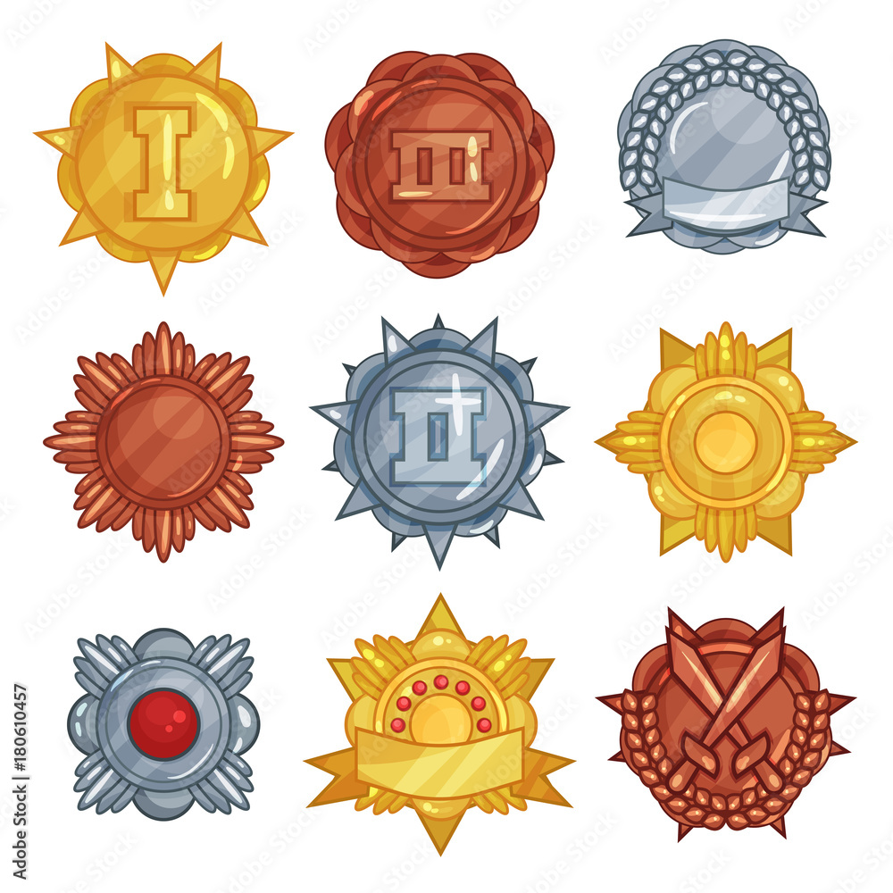 Collection of golden, silver and bronze medals or badges in different ...