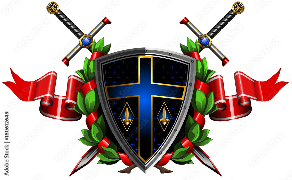 colored coat of arms with shield, wreath, ribbon and weapons Stock ...