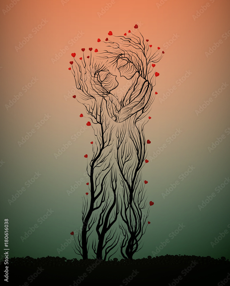 Two trees in love looks like man and hug each other, two lovers concept ...