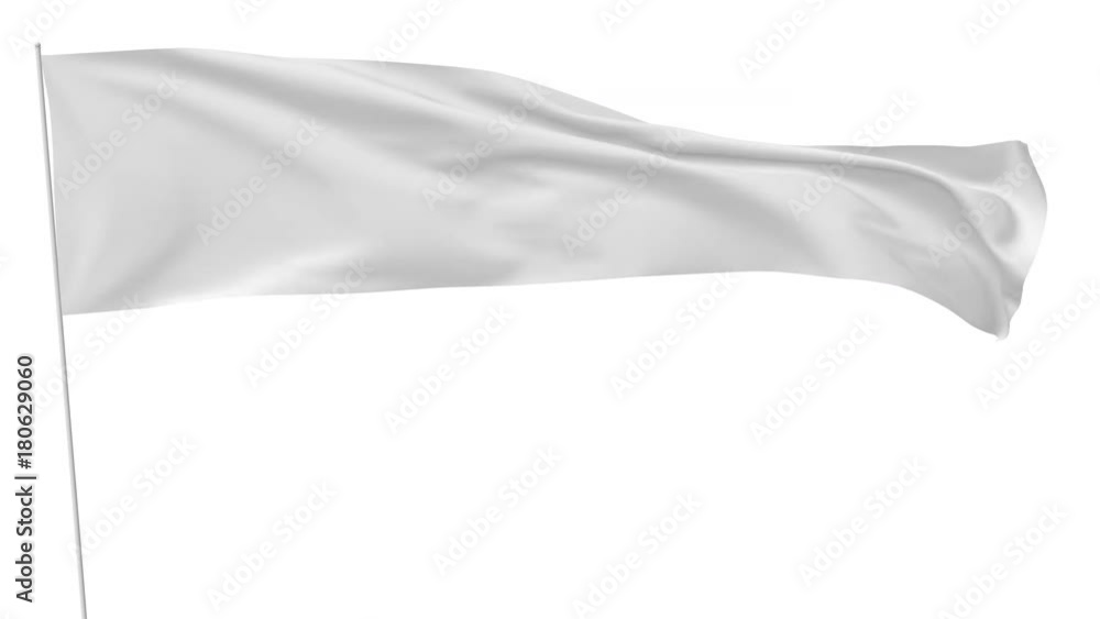 Long blank plain white flag on flagpole flying and waving in the wind ...