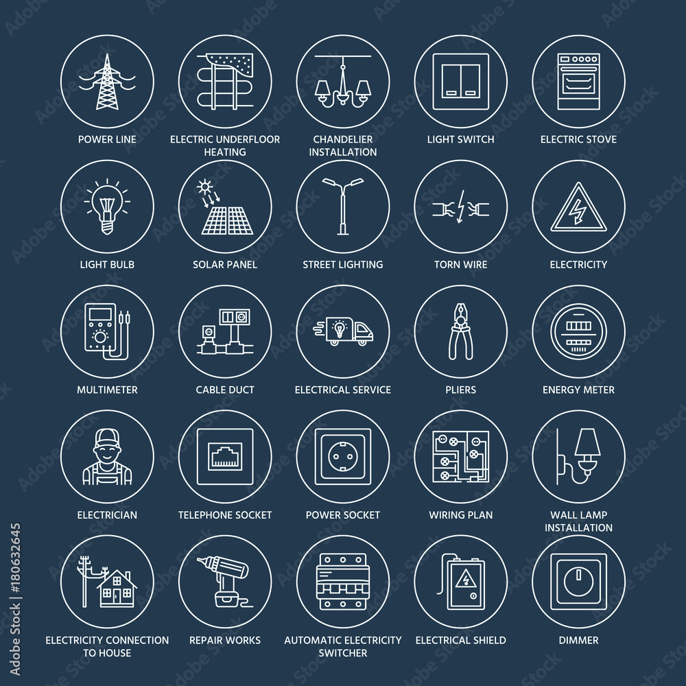 Electricity engineering vector flat line icons. Electrical equipment ...