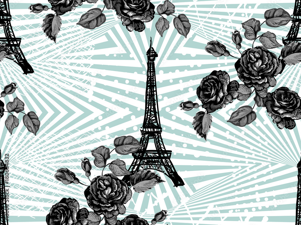 Seamless Paris pattern with Eiffel Tower and roses flowers. French ...