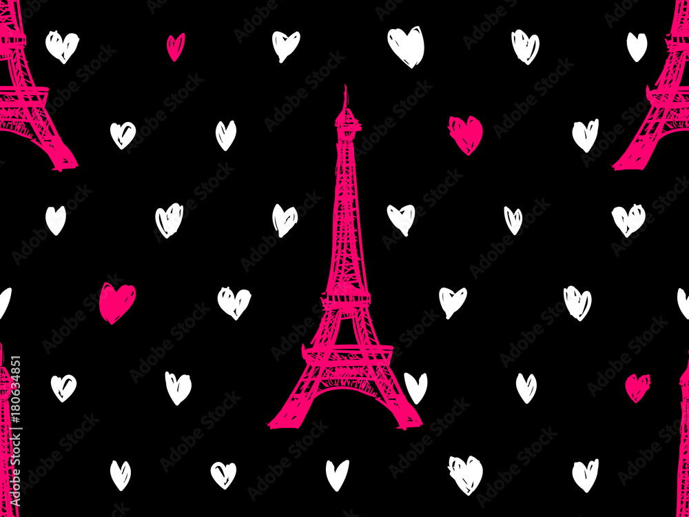 Seamless Paris pattern with Eiffel Tower and hearts. French vector ...