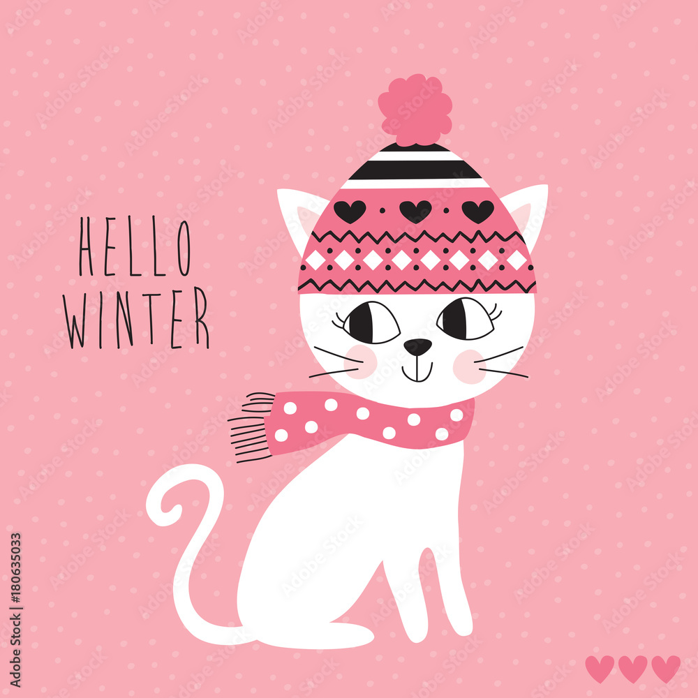 hello winter cat in hat vector illustration Stock Vector | Adobe Stock