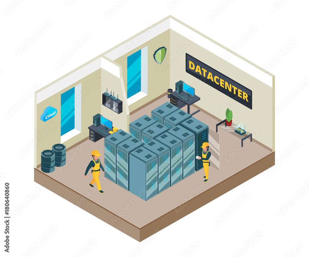 Vecteur Stock Isometric picture of interior of datacenter with specific ...