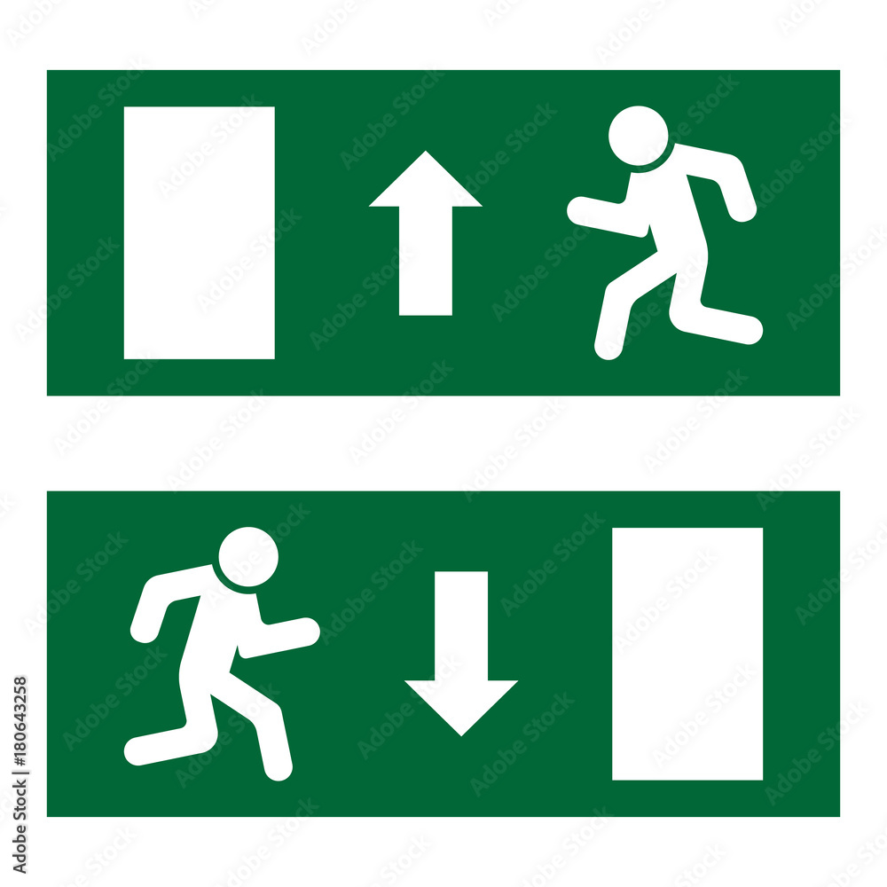Vector illustration emergency exit signs set. Upstairs and downstairs signs set Stock Vector ...