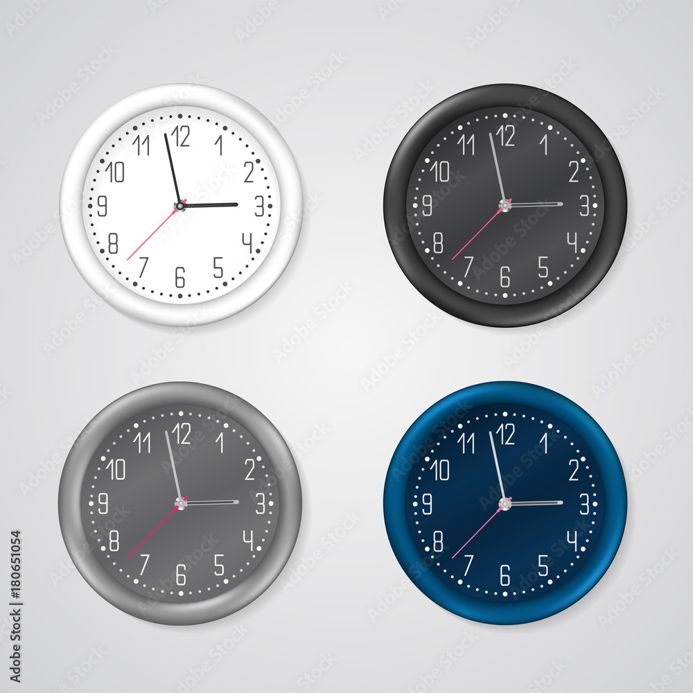 Clock hanging on the office wall set isolated on white background ...