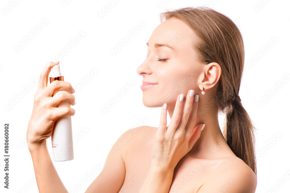 Beautiful woman face spray on face lotion cosmetology Stock Photo ...