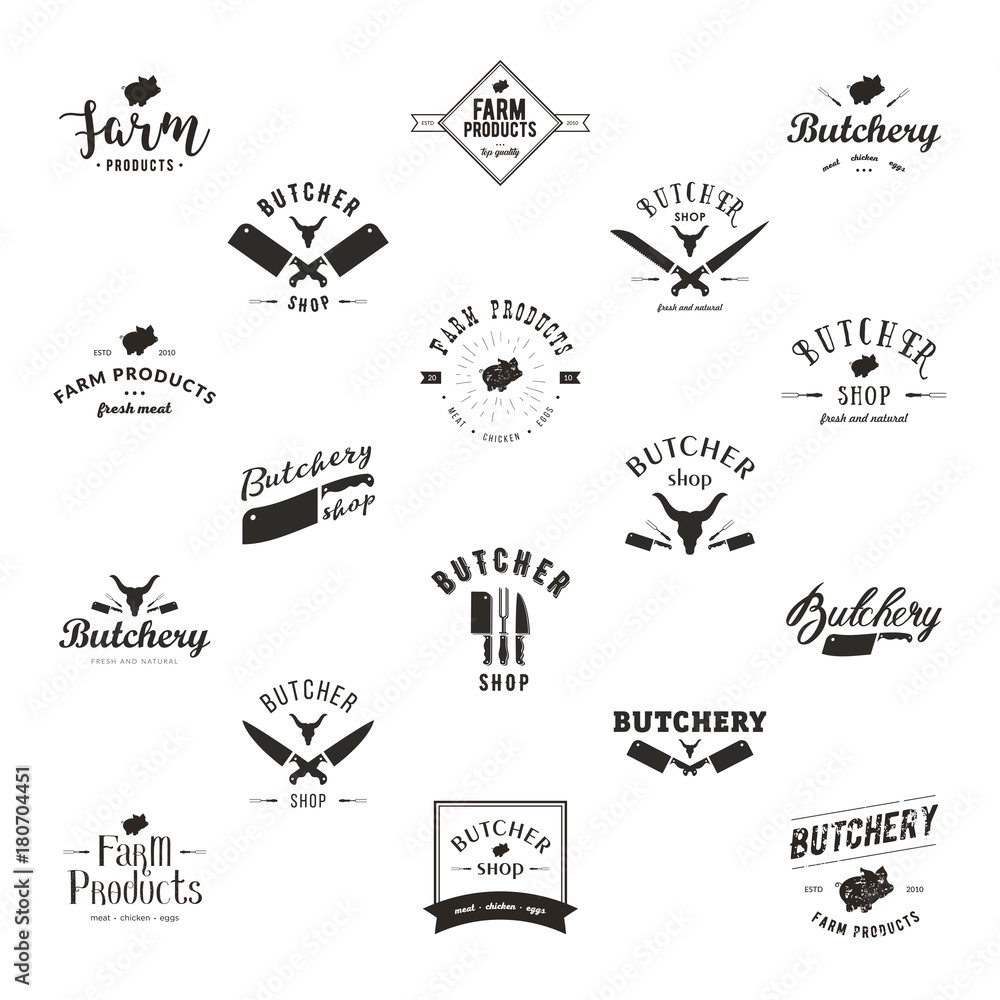 Set of retro styled butchery logo templates. Butchery labels with ... Set of retro styled butchery logo templates. Butchery labels with ...