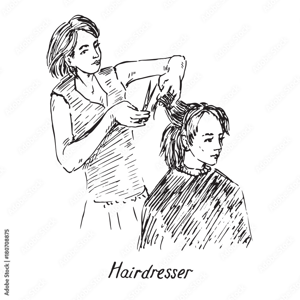 Hairdresser at work, hold scissors and prepare to cut hair, hand drawn ...