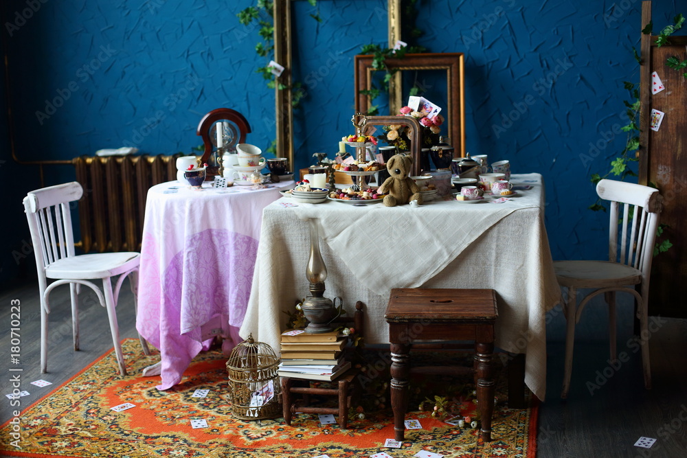decorations for a mad tea party Alice in Wonderland Stock Photo | Adobe ...