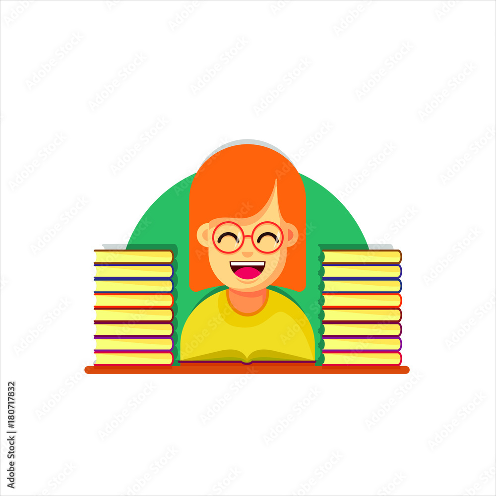 Cute and clever girl with eyeglasses and books, cartoon flat style ...