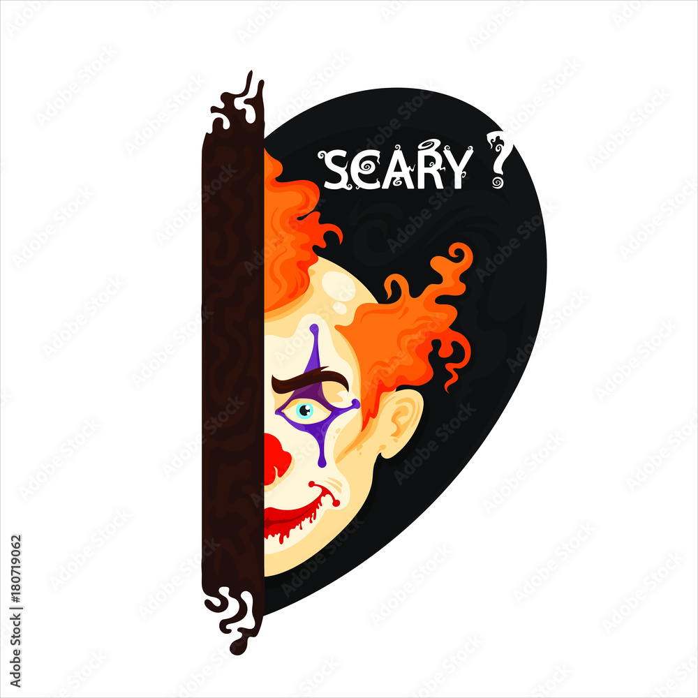 Evil and horror face of clown, text on the back, vector illustration ...
